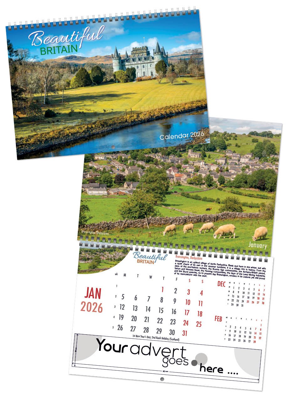 Beautiful Britain Deluxe Central Wiro Wall Calendar 2026 - Think Promote